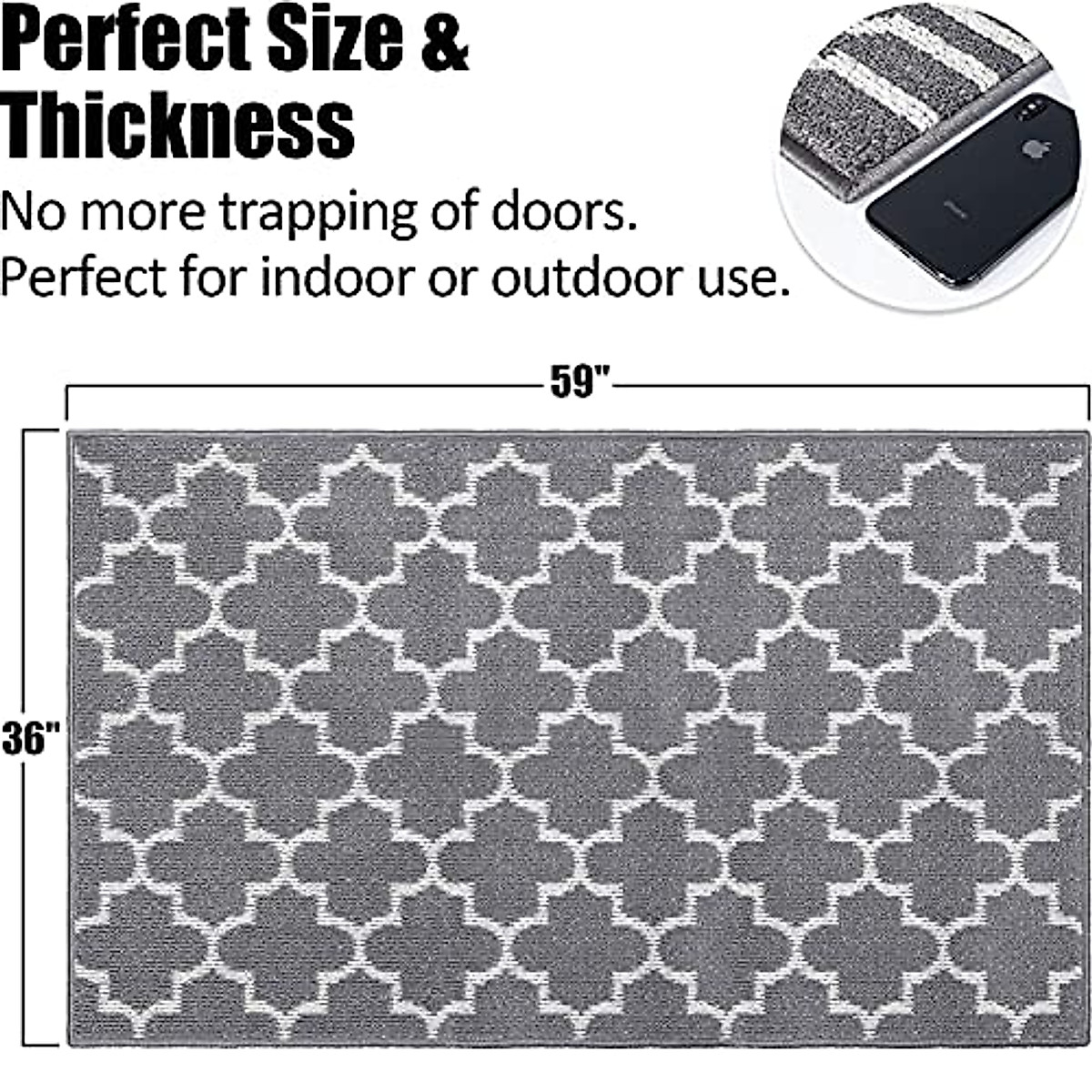 Indoor Doormat 36"x 59", Absorbent Front Back Door Mat Floor Mats, Rubber Backing Non Slip Door Mats Inside Entrance Door Runner Rug Mud Dirt Trapper, Machine Washable Low Profile-Grey Lantern
