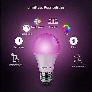 Smart WiFi Light Bulbs, LED Color Changing Lights, Works with Alexa & Google Assistant, RGBW 2700K-6500K, 60 Watt Equivalent, Dimmable with App, A19 E26, No Hub Required, 2.4GHz WiFi Only, Pack of 4