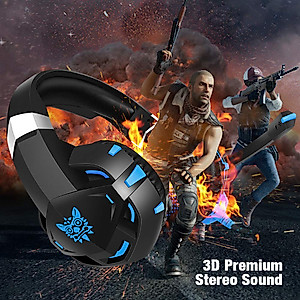 Gaming Headset for Xbox One, PS4, PC, Y-Team Gaming Headphone with Noise Cancelling Mic, 3D Stereo Surround Sound, Soft Earmuff, LED Light Compatible Mac, Laptop, Switch, PS3(Blue)