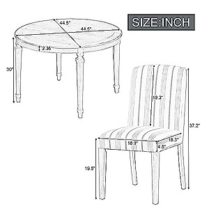 FIQHOME 5 Pieces Set, Round Solid Wood Legs and 4 Striped Fabric Upholstered Chairs, Dining Table for Small Spaces, Apartment,White