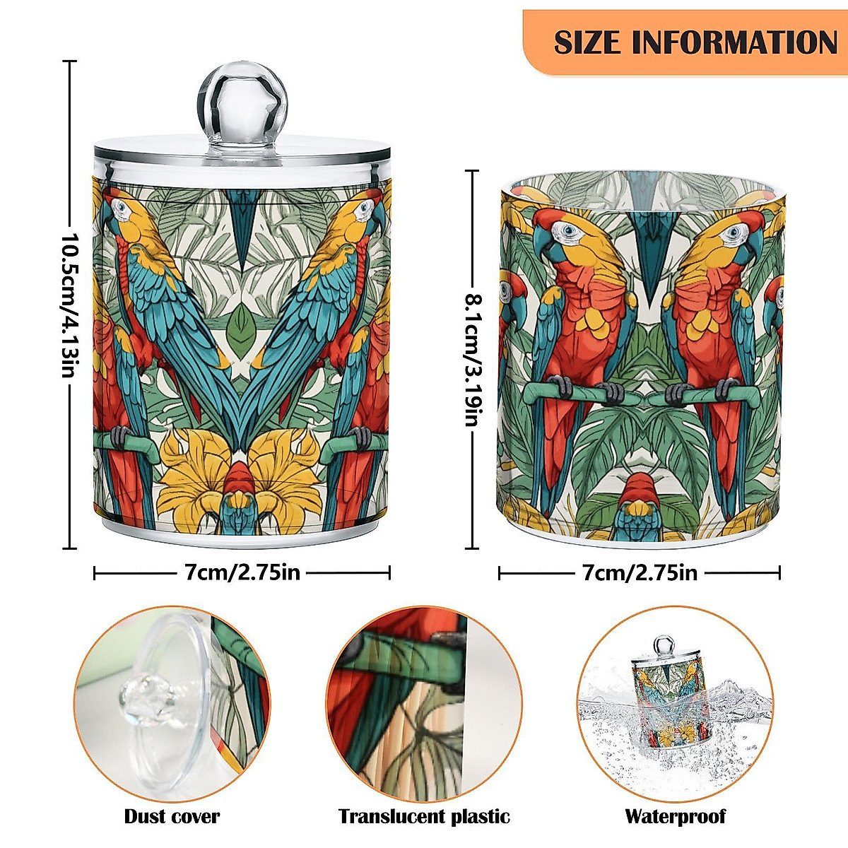 GOODOLD Parrot Pattern Qtip Holder 4 Pack - 10 Oz Clear Plastic Apothecary Jar Set for Bathroom Organization - Versatile Canister Storage for Cotton Balls, Swabs, Rounds