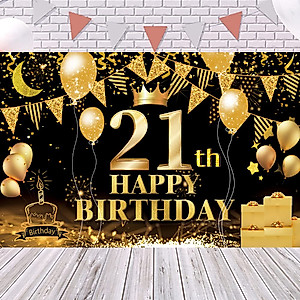 Happy 21th Birthday Backdrop Banner Black Gold 21th Sign Poster 21 Birthday Party Supplies for Anniversary Photo Booth Photography Background Birthday Party Decorations, 72.8 x 43.3 Inch