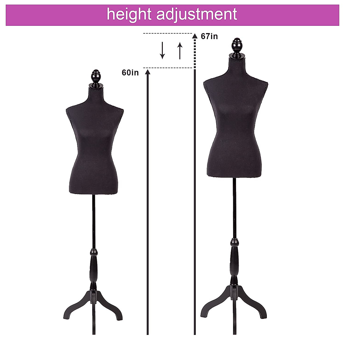 Female Mannequin Female Dress Form Manikin Body Torso with Wooden Tripod Base Stand 60-67 Inch Height Adjustable Pinnable Mannequin for Sewing Dress Jewelry Display, Black