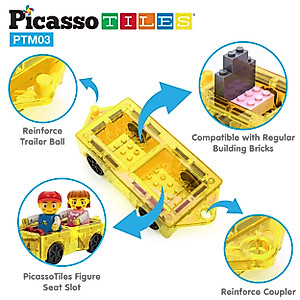 PicassoTiles Mini Magnetic Tiles Expansion Car Truck and Figures Play Set, Kids Building Magnet Bricks STEM & Learning Toys, Magnetic Add-ons, Car Toys, Toddler Preschool 3 years and up boys and girls