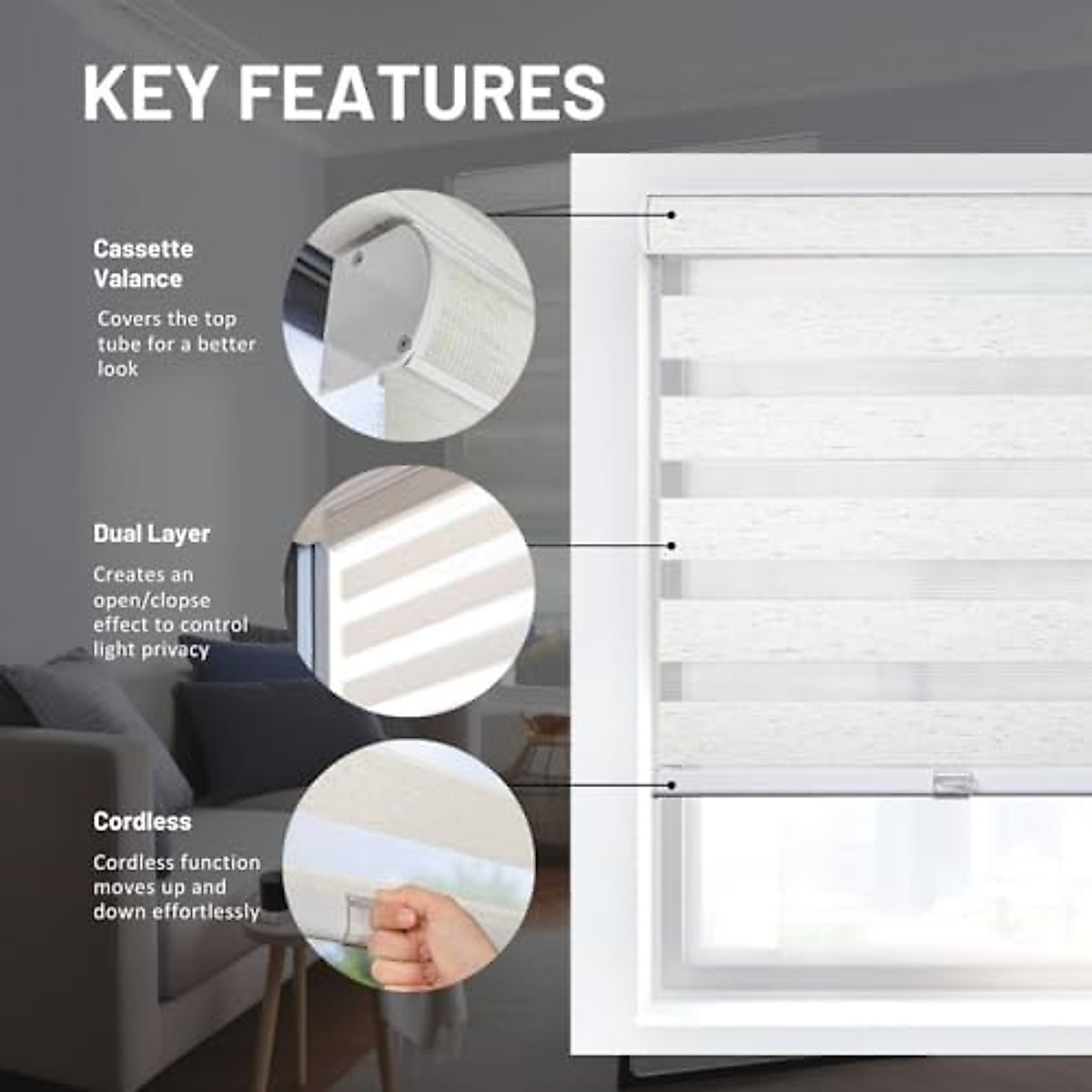 CHICOLOGY Zebra Roller Shade, 23"W X 72"H, Polyester Blend, Cordless, Basic Natural