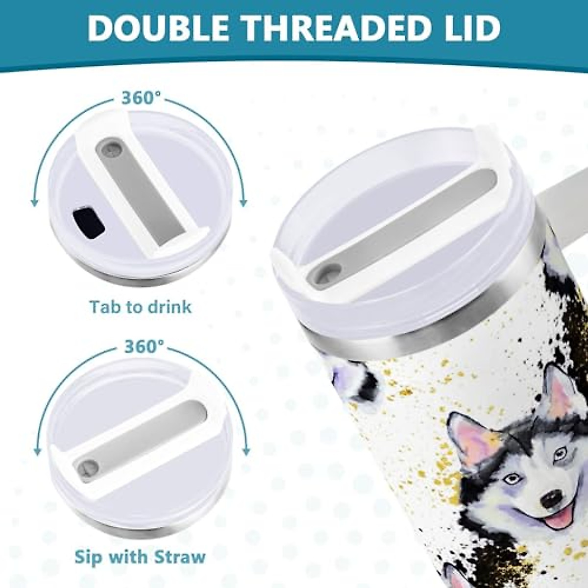 RPLIFE Watercolor Kawaii Husky Dog Tumbler with Handle, Stainless Steel Coffee Mug, Tumbler with Straw