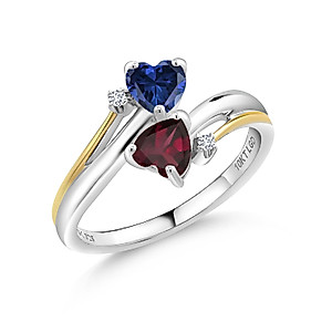 Gem Stone King 1.07 Ct Blue Created Sapphire Red Rhodolite Garnet 925 Silver and 10K Yellow Gold Lab Grown Diamond 2 Heart Promise Couple Engagement Mother Ring (Size 5)
