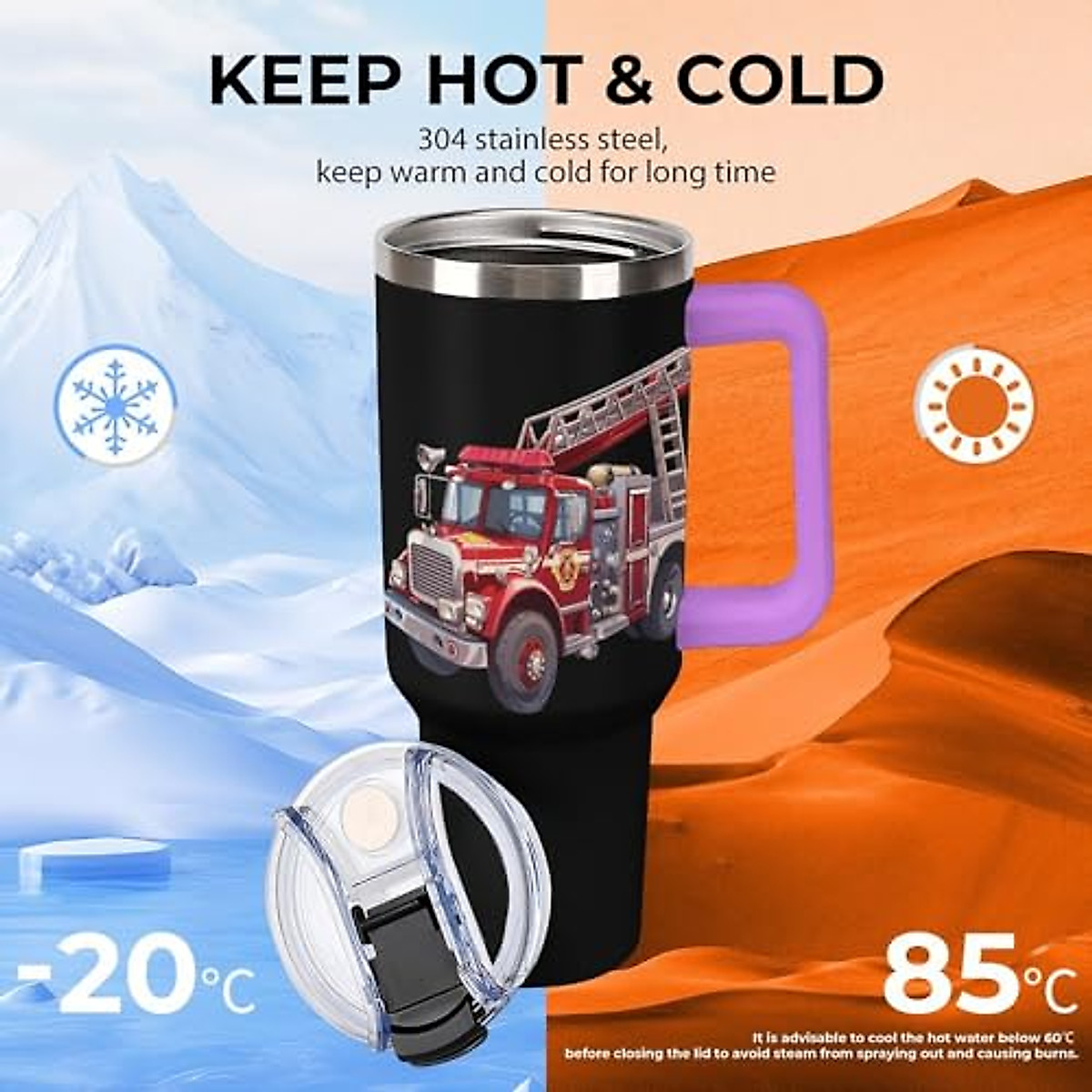 Firetruck 40 Oz Tumbler Insulated Stainless Steel Water Bottle Travel Mug Car Cup with Handle And Straw