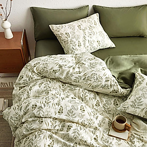 Wake In Cloud - Floral Duvet Cover Set, Botanical Vintage Flower Coquette Cottagecore Aesthetic for Women Teen Girls, Soft Lightweight Bedding, 3-Piece, Olive Green, Queen Size