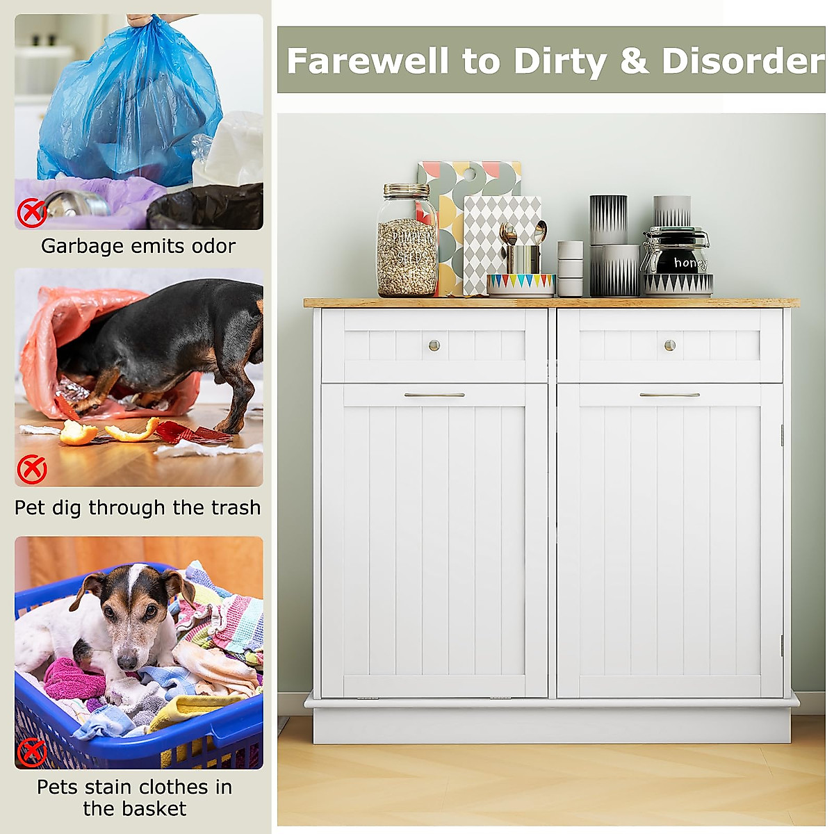 LOKO Kitchen Tilt Out Trash Cabinet, Modern Trash Cabinet with 2 Drawers & Adjustable Shelf, Pet Proof Trash Can Cabinet with Rubber Wood Tabletop, Ideal for Living Room, Dining Room (White)