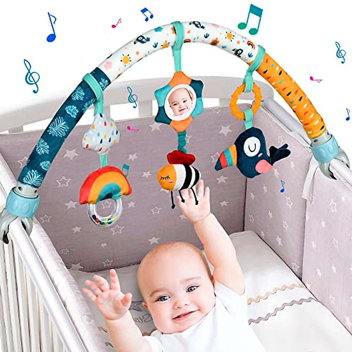 Baby Stroller Arch Toys, Mobile for Bassinet Crib, Detachable Activity Musical Animal Arch Toys with Rattles BB Squeaker Teether (Sky)