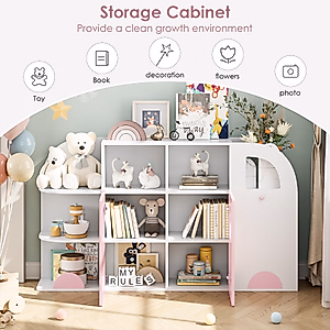 FACBOTALL Kids Bookshelf in The Shape of Truck, 3-Tier Toy Storage Organizer with Two Doors, Toddler Bookcase and Toy Storage for Living Room, Kindergarten, Playroom, Nursery, Pink and White