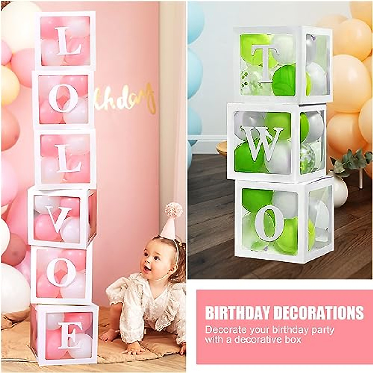 QPEY Thickened 6 PCs Baby Shower Boxes with 78 Letters,Baby Blocks for Baby Shower, Clear Balloon Boxes for Baby Shower and Birthday Party,Prom Boxes(6 PCs Boxes)