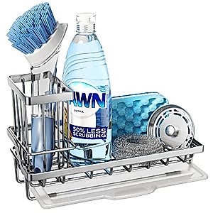 Sink Caddy, Consumest Kitchen Sponge Holder + Dish Brush Holder for Kitchen Sink, Sink Organizer with Drip Tray for Countertop, Stainless Steel Rustproof - Silver
