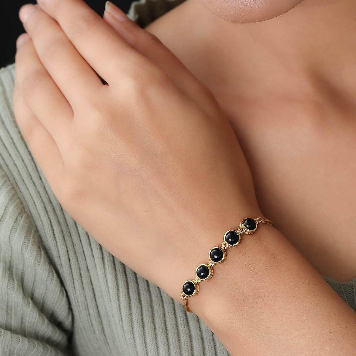 Shop LC Black Onyx Magic Ball Bolo Tennis Bracelet For Women Jewelry Ion Plated 18K Yellow Gold Adjustable Size 7.50" Birthday Gifts for Women