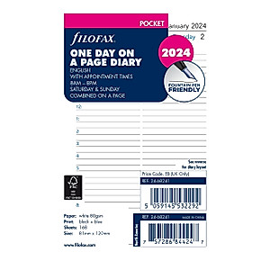 Filofax Calendar Diary Refill, Pocket Size, Day on One Page with Appointments, Ruled, White Paper, English, 2024 (C68241-24)