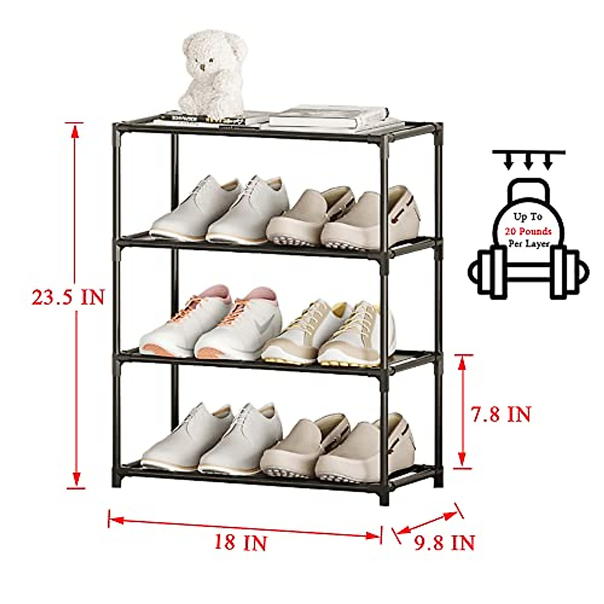 Vockot Small Shoe Rack 6-8 Pairs Sturdy Shoe Shelf 4-Tiers Narrow Stackable Shoe Organizer,Lightweight Kids Shoe Racks for Entryway, Doorway and Closet（Black）