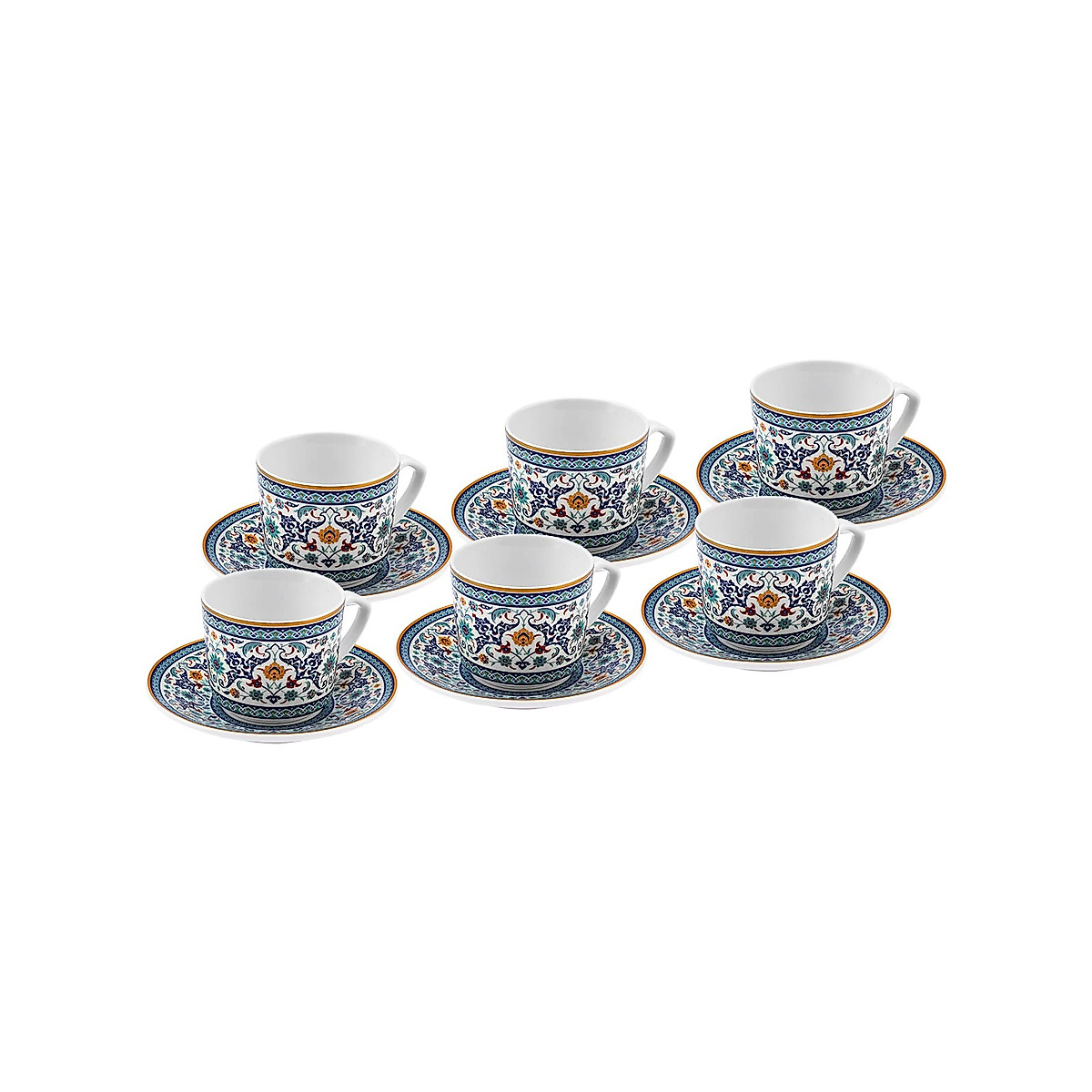 KARACA Beylerbeyi Porcelain Turkish Coffee Cup Set of 6, 12 Piece, 80ml, 6 Porcelain Coffee cups, Espresso Cups with Saucers, Porcelain Design with Blue and White Patterns