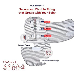 embé 2-Way Starter Baby Swaddle, 6-14 lbs, Newborn Swaddle Sack 0-3 Months, Zip & Hook and Loop Fastener Swaddle 0-3 Months Baby Swaddles Wrap, Hip Healthy, Infant Swaddle - Grey Stripe