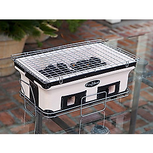 Fire Sense 60450 Yakatori Internal Grates Charcoal Chrome Cooking Grill Japanese Table BBQ Handmade Using Clay Adjustable Ventilation For Outdoor Barbecues Camping Traveling - Large - Tan