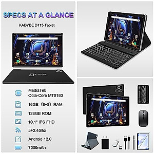 Tablet 10.1 Inch Android 12 Tablets 2023 Latest Android Tablet 128GB ROM+16GB RAM (8+8 Virtual), 2 in 1 Tablet with Keyboard, Powerful Octa-Core+13MP Camera, 1TB TF Expandable, FHD WiFi Tablet PC