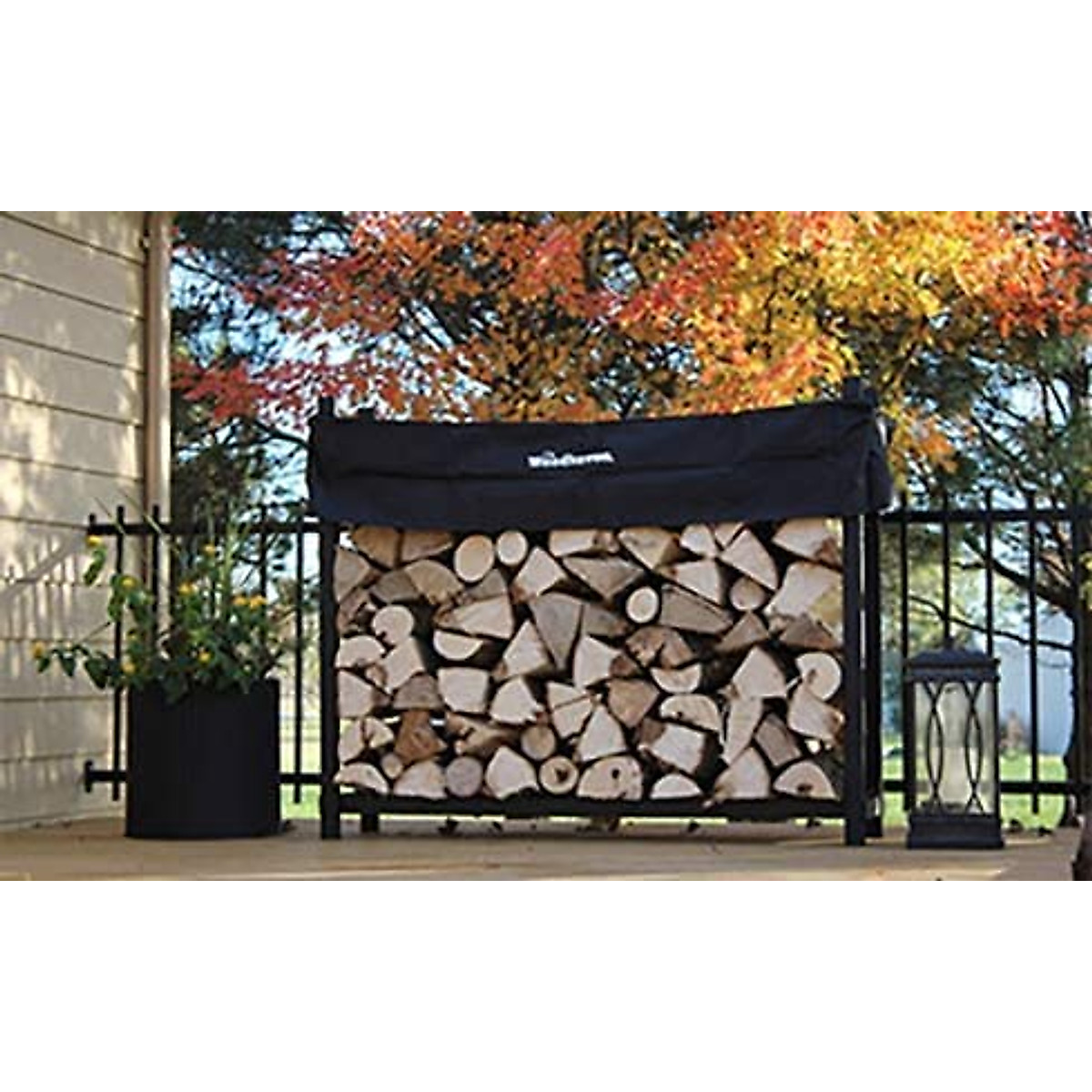 Woodhaven 5 Foot Black - Made in the USA - 1/4 Cord Plus Firewood Storage Log Rack With Seasoning Cover Combo Set - Indoor Outdoor - Metal Firewood Rack - Heavy Duty