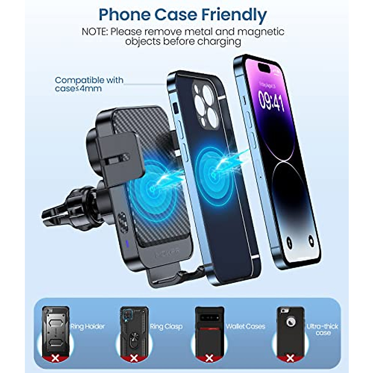 Wireless Car Charger, MOKPR 15W Fast Charging Auto-Clamping Car Mount Universal Hands-Free Car Charger Mount for Dash Windshield Air Vent Compatible with iPhone 15/14/13/12, Samsung S23/S22/S21 Black