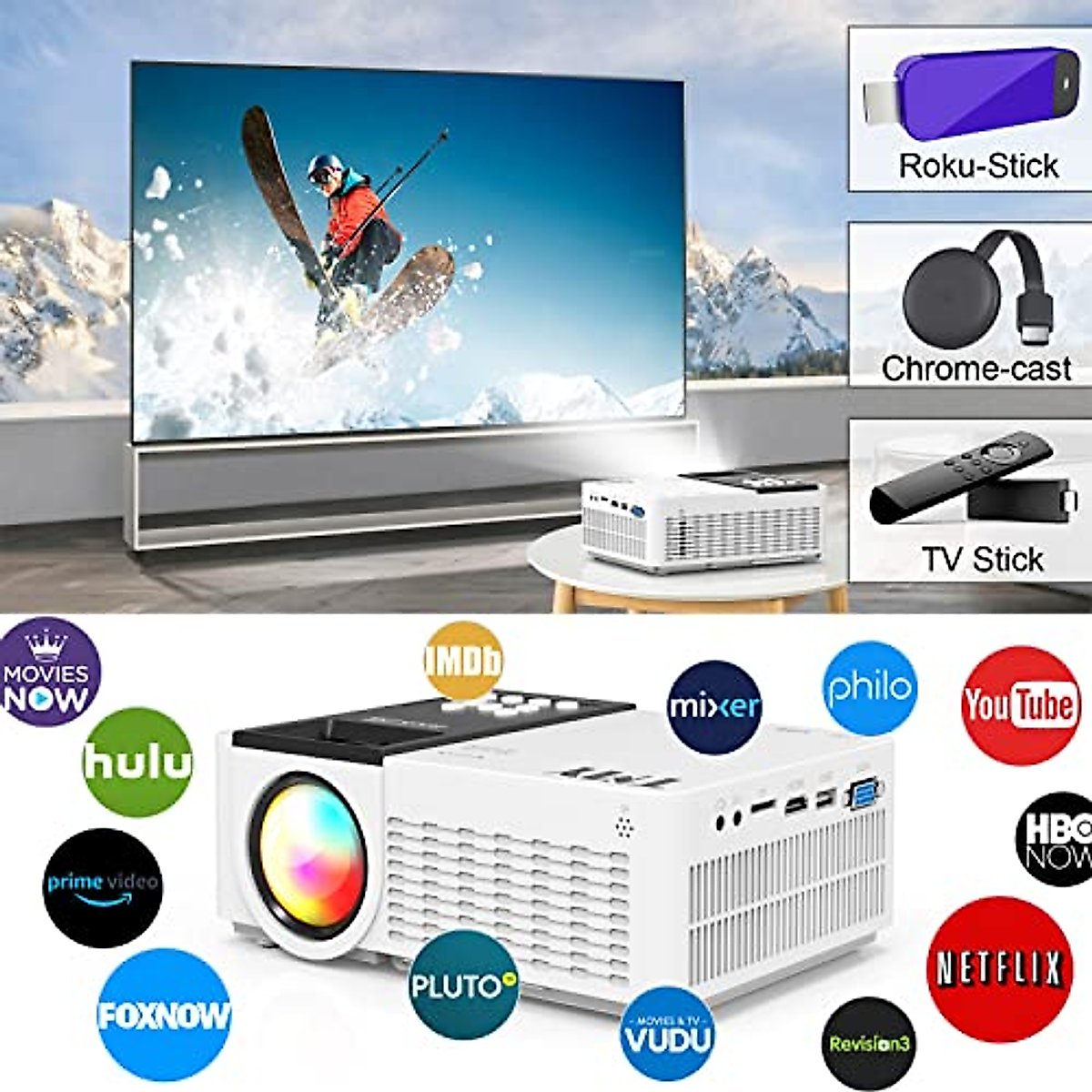 TMY 5G WiFi Projector with Bluetooth 5.1, 9000 Lumens HD Movie Projector, 1080P Supported Mini Projector, Portable Outdoor Projector, Compatible with TV Stick, Phone, Computer, HDMI, USB, AV, TF