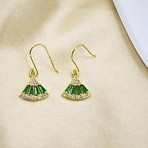MOMOCAT 18K Gold Plated Triangle Small Emerald Green and Gold Statement Fringe Hanging Chandelier Rhinestone Drop Earrings for Women Jewelry Dangle Fashion