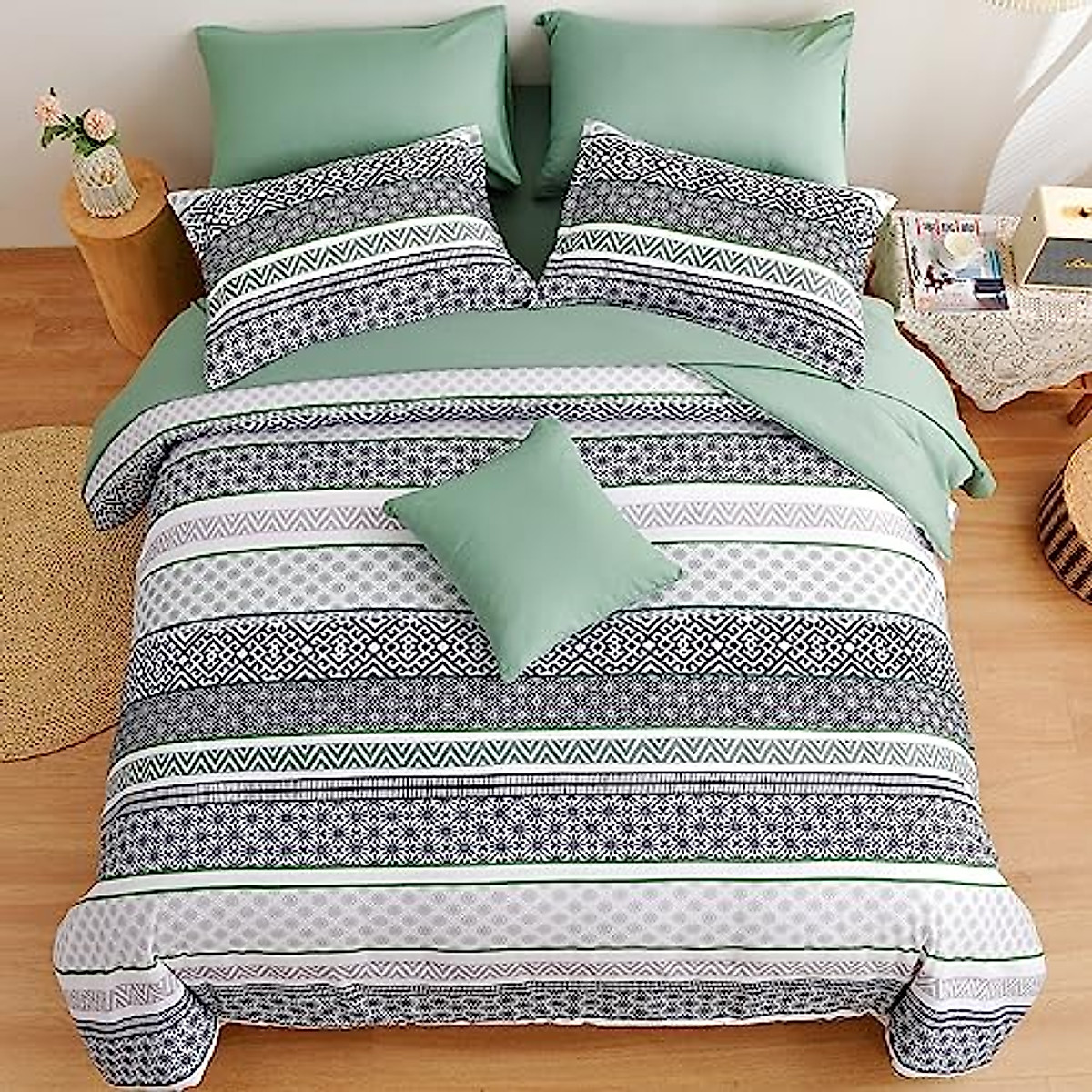 Luxudecor Boho Comforter Set Queen Size 7 Piece, Green Bohemian Bed in a Bag, Striped Comforter and Sheet Set, Soft Microfiber Bedding Set for All Season(Green, 90"x90")