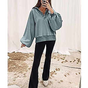 Trendy Queen Womens Sweatshirt Fall Winter Clothes Lantern Sleeve Drop Shoulder Pullover Hoodies Button Fashion Y2K Outfits Lightblue