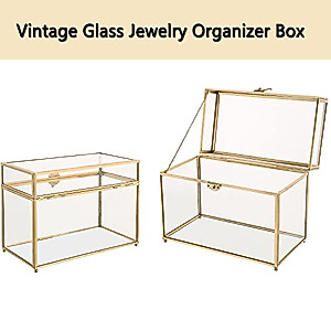 NATGAI Glass Card Box Large Geometric Terrarium Gold Handmade Brass Vintage Rectangle Shape with Foot (10 x 5.6 x 7.7 inches)