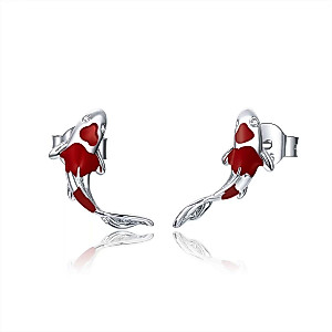 Qings Koi Fish Red Carp Stud Earrings for Women Exquisite 925 Sterling Silver Platinum Plated Inlaid with Shining Zircon