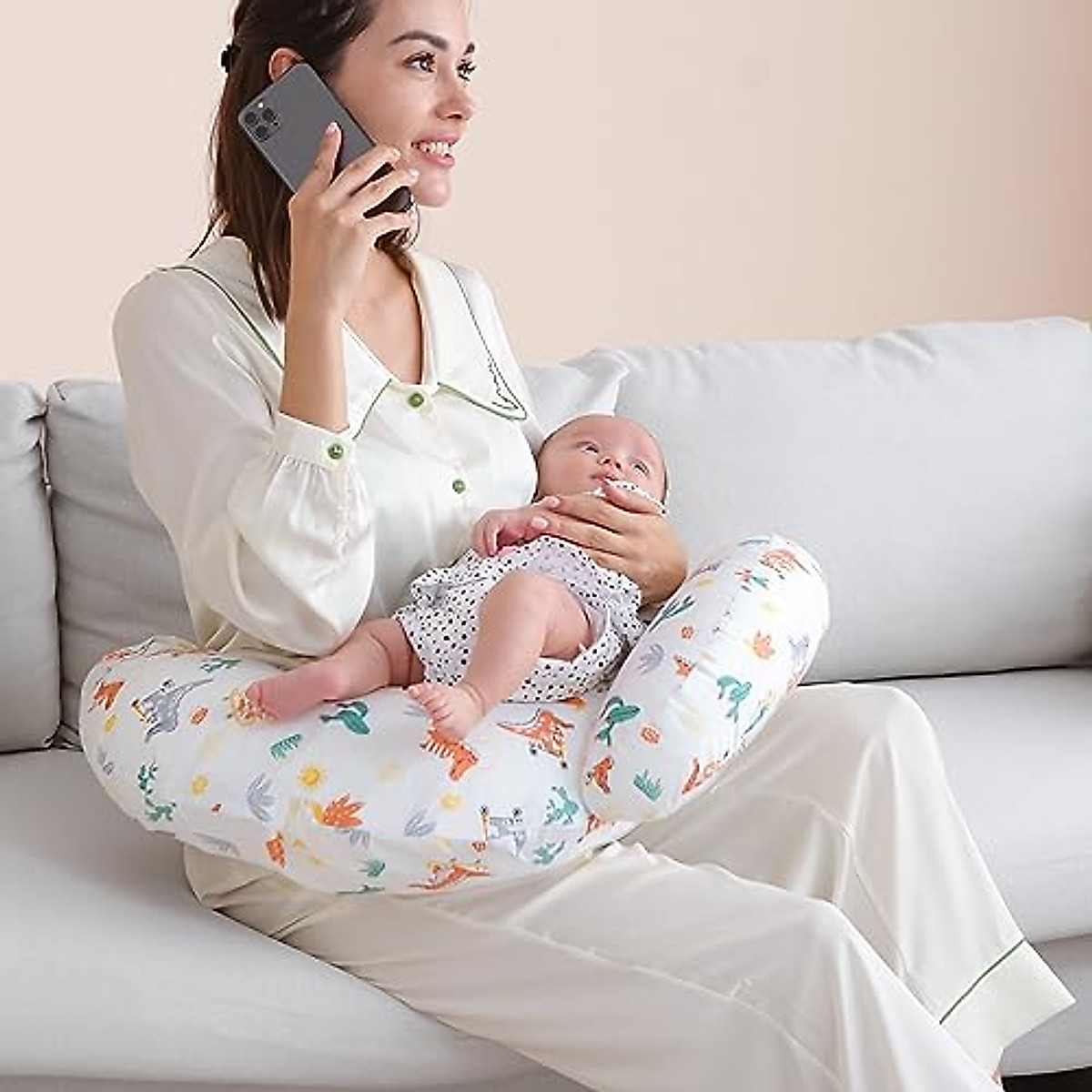 AMASKY Nursing Pillow for Breastfeeding with Two Removable Cotton Covers,Plus Size Ergonomic Breastfeeding Pillows,More Support for Mom and Baby,Machine Washable,White & Blue