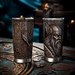 20oz Viking Celtic Warrior Tumbler, Norse Mythology, Viking Gifts for Men, Coffee Thermos for Men, Stainless Steel Double Wall Vacuum Insulated Coffee Mug, Travel Cup with Lid