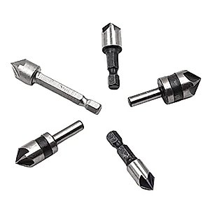 Chiloskit 5pc Industrial 5 Flutes 82 Degree Countersink Drill Bit Set Wood Metal Working Chamfer and Deburring Tool