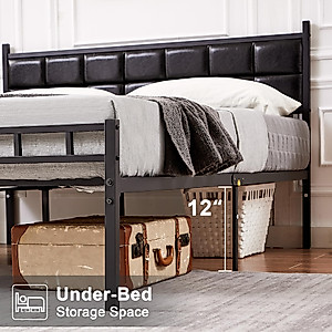 VECELO Queen Bed Frame with PU Upholstered Headboard, Heavy Duty Platform Bedframes, Metal Slats Support, No Box Spring Needed, Matter Black