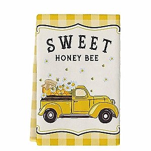 Kitchen Towels Summer Sweet Gnome Bee Truck Absorbent Tea Towel Soft Hand Dish Towel Yellow Plaid Reusable Washable Cleaning Cloth Hand Bath Towels for Bathroom Bar for Everyday Cooking (Pack of 1)