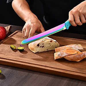 Rainbow Titanium Knife Set 17 PCS Kitchen Knives Set Sharp Cutlery Knife Sets Contain 6 Steak Knives Sharpener Clear Acrylic Stand Nonstick Chef Knife Block Set (Turquoise)