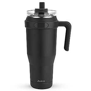 Zukro 50 oz Mug Tumbler With Handle And Flip Straw, Leakproof Vacuum Insulated Stainless Steel Cup Water Bottle with 2-in-1 Lid,Large Travel Mug, Fit in Cup Holder, Keeps Cold for 30 Hours, Black