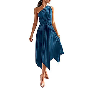 PRETTYGARDEN Women's Summer Long Satin Dress One Shoulder Sleeveless Ruched Twist Flowy Maxi Dresses (Lake Blue,Small)