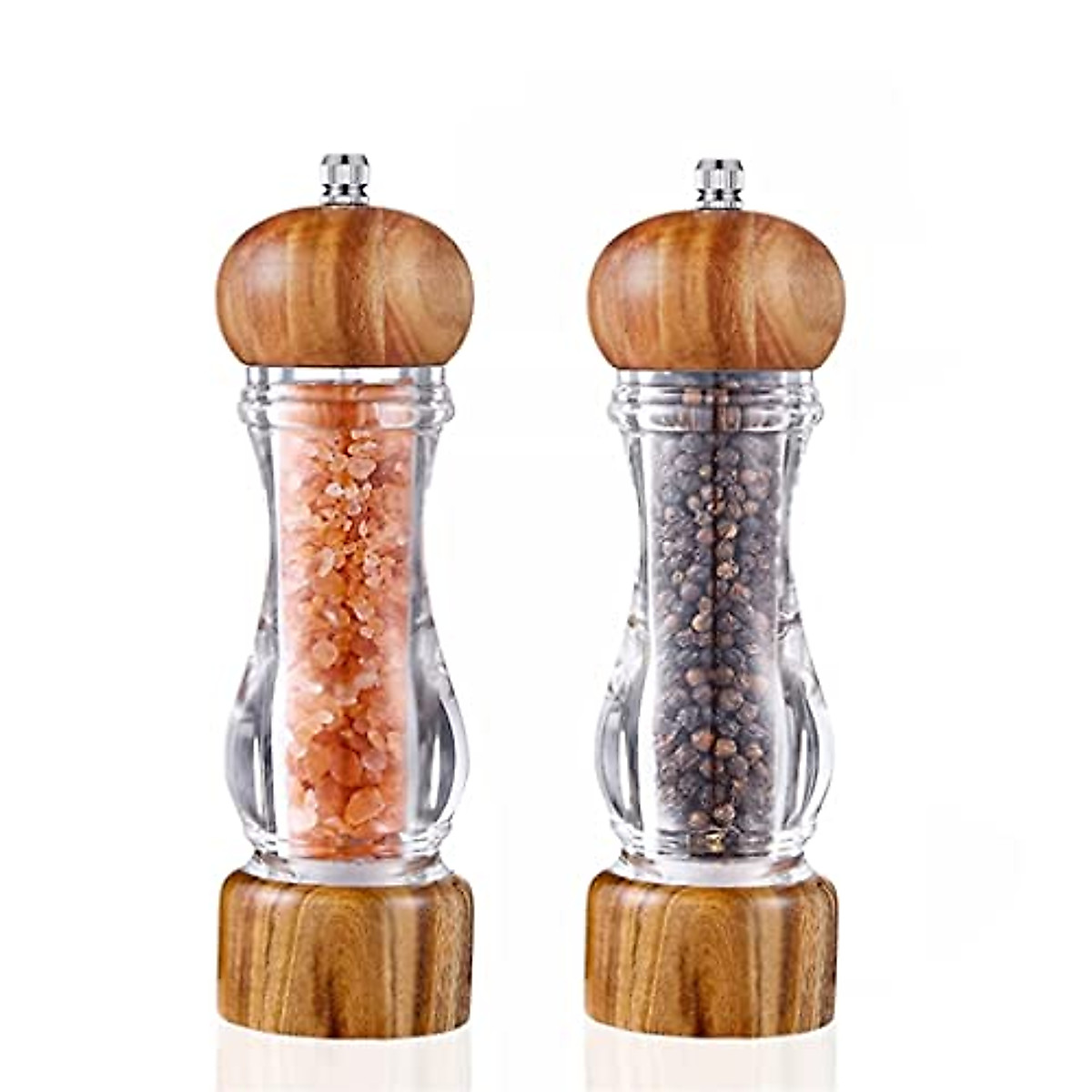 WDBBY Manual Acrylic Salt and Pepper Grinder Set Wooden Shakers With Adjustable Ceramic Core Spice Mill Kitchen Tools