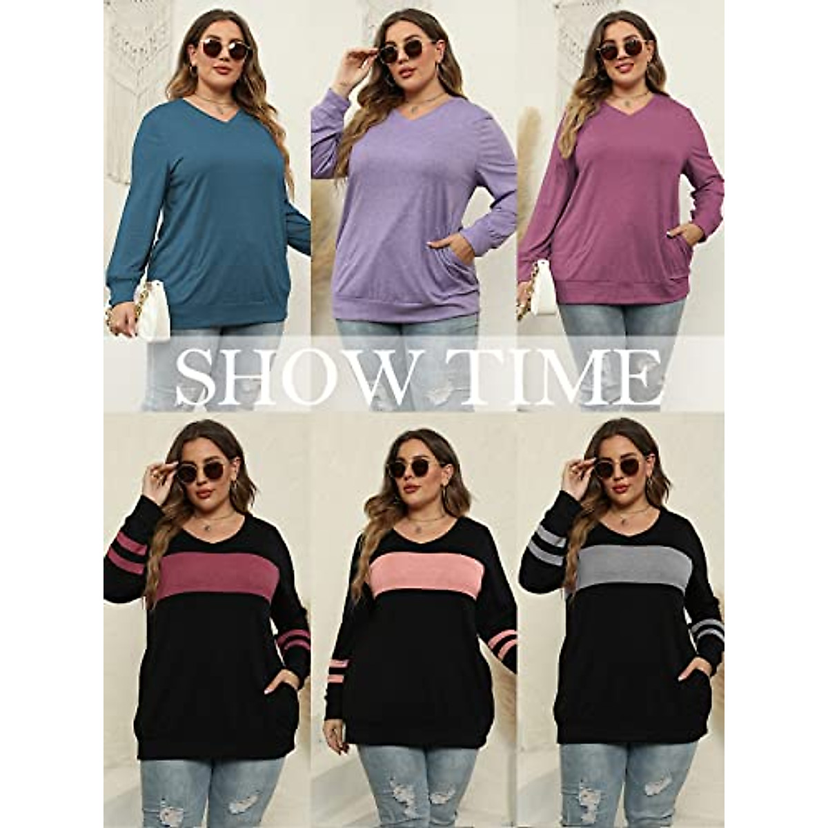 ROSRISS Plus Size Sweatshirts for Women 3X Long Sleeve V Neck T Shirts Black 22W