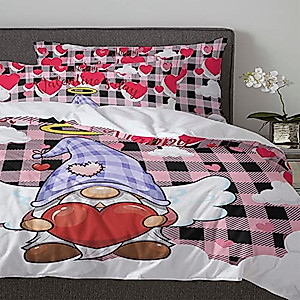 3 Pieces Bedding Set Queen Size, Valentines Day Soft Durable Duvet Cover Set Comforter Cover Set with Zipper Closure All-Season Breathable Bedding Set Red Love Heart Gnomes Pink Black Plaid