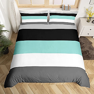 Erosebridal Adults Patchwork Turquoise Striped Twin Duvet Cover Teal Black Gray Bedding Set Modern Geometric Stripes Comforter Cover Soft Lightweight Quilt Cover for All Season with 1 Pillow Case