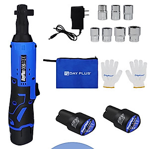 Qimu Cordless Electric Ratchet Wrench Set, 3/8" 12V Power Ratchet Driver Cordless Power Ratchet Tool Kit with 2 Packs 1500mAh Lithium-Ion Battery, 7 sockets and Charger, LED Light