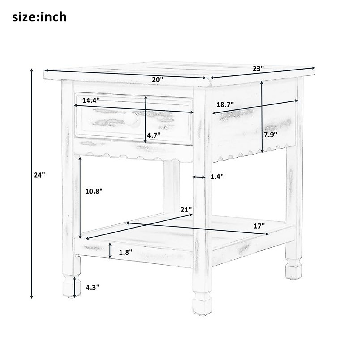 FDSPDO Classical Black&White End Table with Open Styled Shelf Large Storage Space,Side Table Drawer with Metal Handles for Living Room