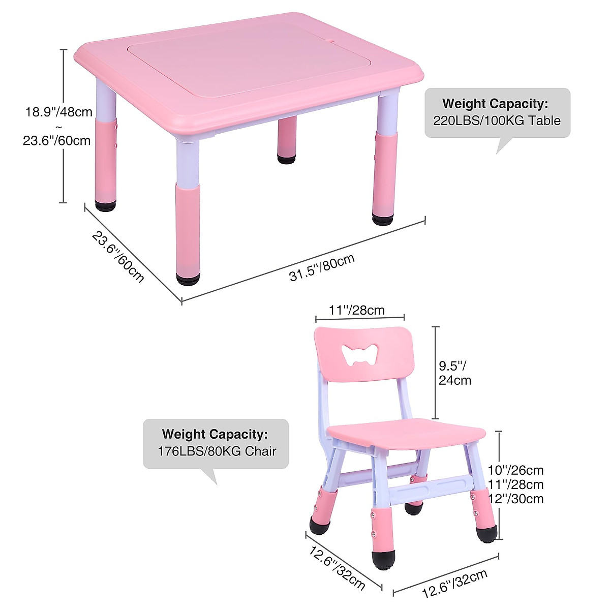 Domaker Table and Chair Set, Multi Activity Height Adjustable Table with 2 Chairs,Pink