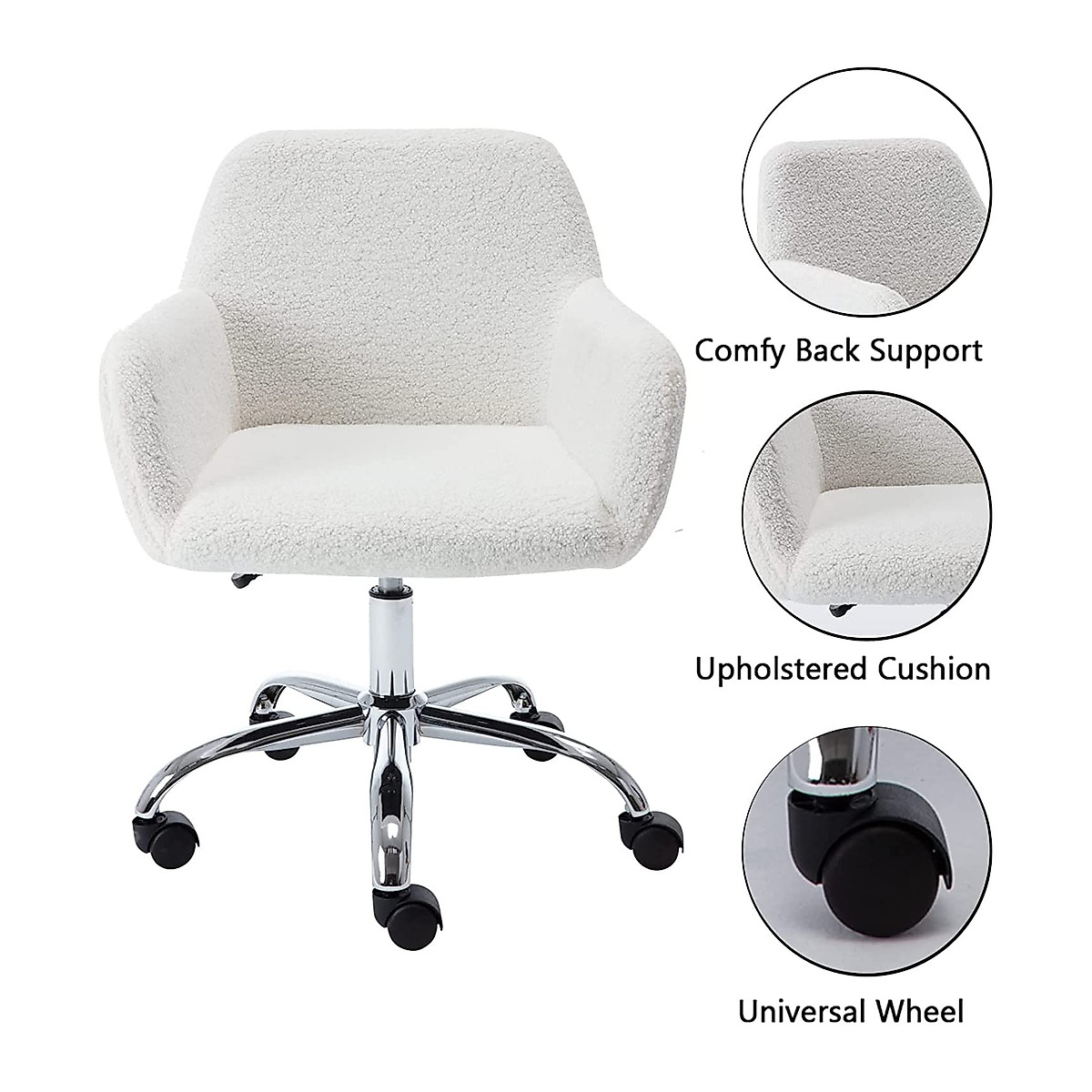 Goujxcy Fluffy Desk Chair, Faux Fur White Vanity Chair Swivel Office Chair for Girls Women, Height Adjustable Cute Teddy Furry Makeup Chairs for Bedroom Home Office