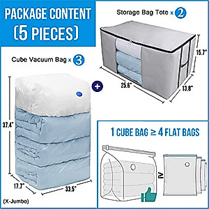 Cube Vacuum Storage Space Bags / Storage Bag Totes with Reusable Cubic Vacuum Compressed Space Saver Bags. Large Capacity Bedroom and Closet Organizing System that Protects Your Comforters, Clothing, Bedding, & More! (X-Jumbo Bundle) (Gray - Set of 5)